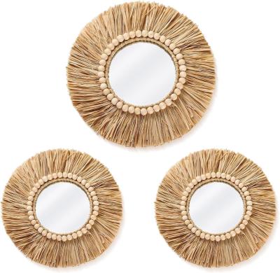 China Boho Raffia Mirror Wall Hanging Decor Rustic Round Circle Mirrors Farmhouse Aesthetic for sale