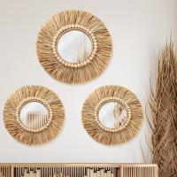 China Boho Raffia Mirror Wall Hanging Decor Rustic Round Circle Mirrors Farmhouse Aesthetic for sale