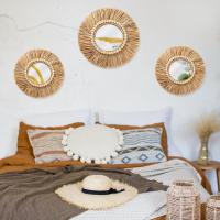 China Boho Raffia Mirror Wall Hanging Decor Rustic Round Circle Mirrors Farmhouse Aesthetic for sale