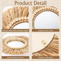 China Boho Raffia Mirror Wall Hanging Decor Rustic Round Circle Mirrors Farmhouse Aesthetic for sale