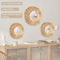 China Boho Raffia Mirror Wall Hanging Decor Rustic Round Circle Mirrors Farmhouse Aesthetic for sale