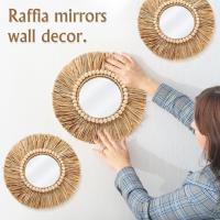 China Boho Raffia Mirror Wall Hanging Decor Rustic Round Circle Mirrors Farmhouse Aesthetic for sale