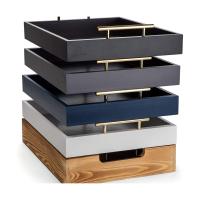 China Wooden Tray Food Party Serving Tray with Polished Metal Handle in Navy Blue Color for sale