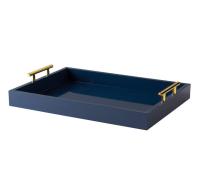 China Wooden Tray Food Party Serving Tray with Polished Metal Handle in Navy Blue Color for sale