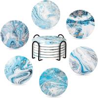 China Customized Round 4'' 6 pcs Marble Painted Absorbent Stone Ceramic Coaster with Stand for sale