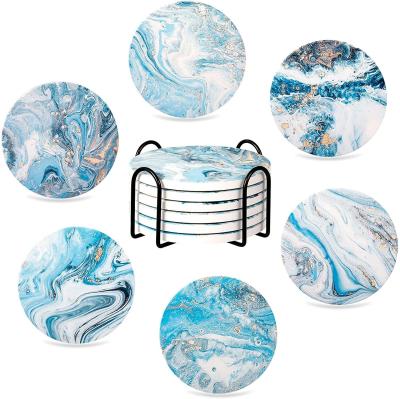 China Customized Round 4'' 6 pcs Marble Painted Absorbent Stone Ceramic Coaster with Stand for sale