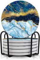 China Customized Round 4'' 6 pcs Marble Painted Absorbent Stone Ceramic Coaster with Stand for sale
