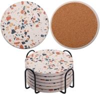 China Customized Round 4'' 6 pcs Marble Painted Absorbent Stone Ceramic Coaster with Stand for sale