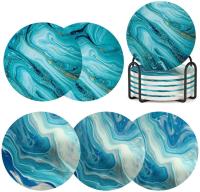 China Customized Round 4'' 6 pcs Marble Painted Absorbent Stone Ceramic Coaster with Stand for sale