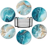 China Customized Round 4'' 6 pcs Marble Painted Absorbent Stone Ceramic Coaster with Stand for sale