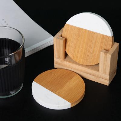 China 4 Inch Acacia Hexagon Geometric Round Wood And Marble Wooden White Cork Coasters Plate Set for sale