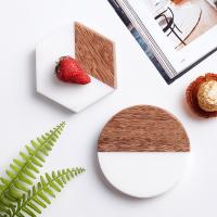 China 4 Inch Acacia Hexagon Geometric Round Wood And Marble Wooden White Cork Coasters Plate Set for sale