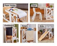 China Wooden Kids Kitchen Step Stool Convertible Toddler Tower Table 7 in 1 Seatback and Slide for sale