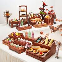 China Sapele Wood Buffet Restaurant Tableware Display Rack Catering Food Bread Display Stand for sale
