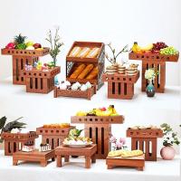 China Sapele Wood Buffet Restaurant Tableware Display Rack Catering Food Bread Display Stand for sale
