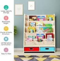 China Living Room Furniture Wooden Bookshelf Organizer with 4 Sling Shelves and 2 Pull-Out Toy Storage Boxes for sale