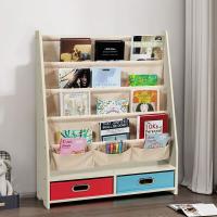 China Living Room Furniture Wooden Bookshelf Organizer with 4 Sling Shelves and 2 Pull-Out Toy Storage Boxes for sale