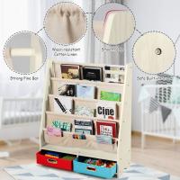 China Living Room Furniture Wooden Bookshelf Organizer with 4 Sling Shelves and 2 Pull-Out Toy Storage Boxes for sale