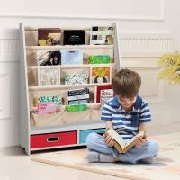 China Living Room Furniture Wooden Bookshelf Organizer with 4 Sling Shelves and 2 Pull-Out Toy Storage Boxes for sale