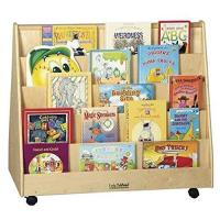 China Classroom Bookshelf Kids Storage Cabinet with Stain Color and Double-Sided Mobile Book Display for sale