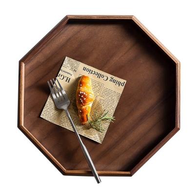 China Octagon Round Shape Acacia Walnut Wood Serving Tray 30x20x3cm with Burned Printing for sale