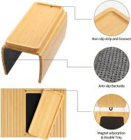 China Stocked Bamboo Sofa Arm Tray Table Large Couch Cup Holder Tray for Phone Cups Remote for sale