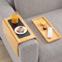 China Stocked Bamboo Sofa Arm Tray Table Large Couch Cup Holder Tray for Phone Cups Remote for sale