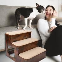 China 3 Tiers Wooden Dog Stairs Solid Wood Pet Steps with Non-Slip Pads and Washable Carpet for sale