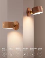 China Wall Lamps LED 360 Rotation Dimming Rechargeable Cordless Battery Operated Wooden Sconce for sale