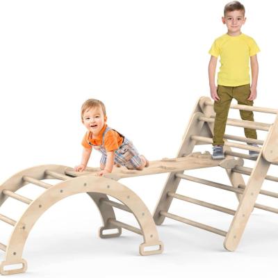 China Indoor Kids Play Gym Climbing Triangle Ladder with Ramp Set of 3 Wooden Safety Toys for sale