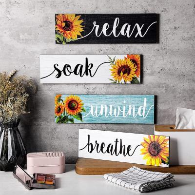 China Bathroom Wall Decor Rustic Wooden Plaque with Sunflower Design Relax Soak Unwind Breathe for sale