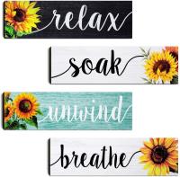 China Bathroom Wall Decor Rustic Wooden Plaque with Sunflower Design Relax Soak Unwind Breathe for sale
