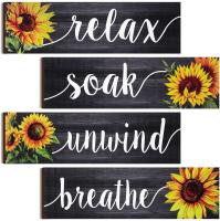 China Bathroom Wall Decor Rustic Wooden Plaque with Sunflower Design Relax Soak Unwind Breathe for sale