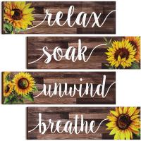 China Bathroom Wall Decor Rustic Wooden Plaque with Sunflower Design Relax Soak Unwind Breathe for sale