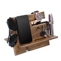 China Handmade Natural Walnut Wood Phone Docking Station Key Hooks Holder Wallet Stand Watch Organizer for sale