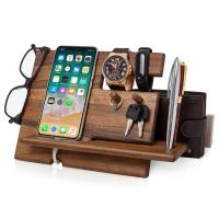 China Handmade Natural Walnut Wood Phone Docking Station Key Hooks Holder Wallet Stand Watch Organizer for sale