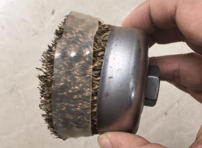 China Rotary Silver Cup Crimped Brass Wire Bowl Brush 75mm with Plastic Ring Protection for sale
