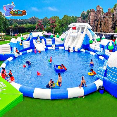 China 0.5mm PVC Inflatable Floating Jumping Castle Pool Slide Waterpark Interactive Amusement for sale