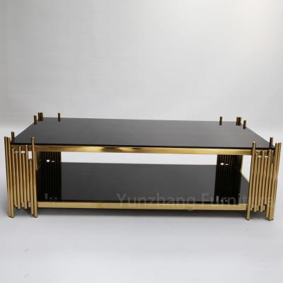 China Double Tempered Glass Center Table Rectangle Shape Gold Frame for sale