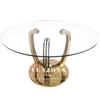 China Luxury Model Round Dining Table Transparent 10mm Thick Tempered Glass Top With Gold Base for sale