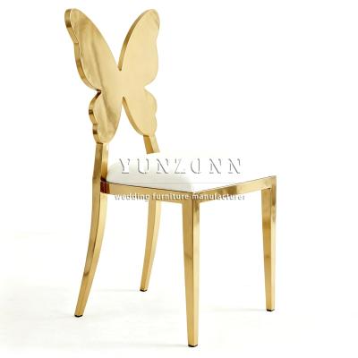 China Professional Manufacture Stainless Steel Butterfly Back Comfortable Dining Chair Gold Backrest Wedding and Event Chairs for sale