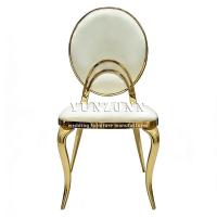 China Cheap Hotel Wedding Party Events Furniture White PU Cushion Gold Stainless Steel Round Back Dining Chair Bride and Groom for sale