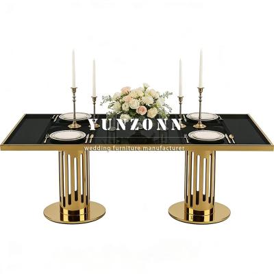 China Wholesale Rectangle Banquet Mirror Glass Top Gold Stainless Table for Wedding Events Hotels Outdoor Dining Hotel Furniture for sale