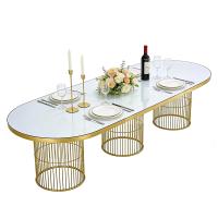 China New Style Event Banquet Dining Table Oval Shape Gold Steel Legs Dinner Room Wedding Table for Event Decor for sale