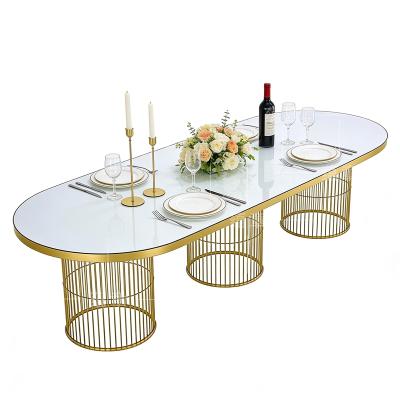 China New Style Event Banquet Dining Table Oval Shape Gold Steel Legs Dinner Room Wedding Table for Event Decor for sale