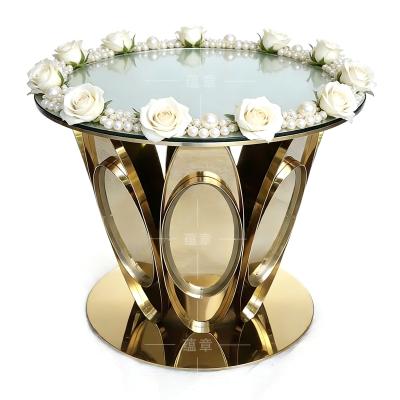 China Wedding Furniture Gold Design Stainless Steel Round Cake Table New Trendy Cake Table Design for sale