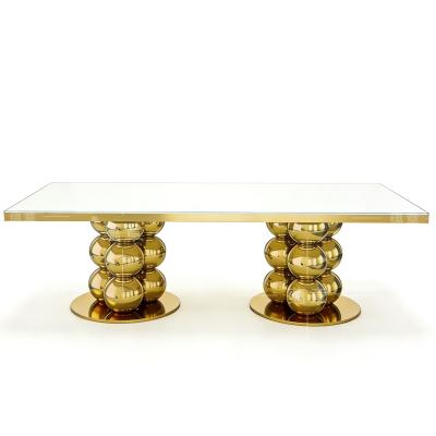 China Modern Luxury Design Golden Wedding Table Mirror Glass Top Stainless Steel Restaurant & Hotel Banquet Dining Furniture for sale