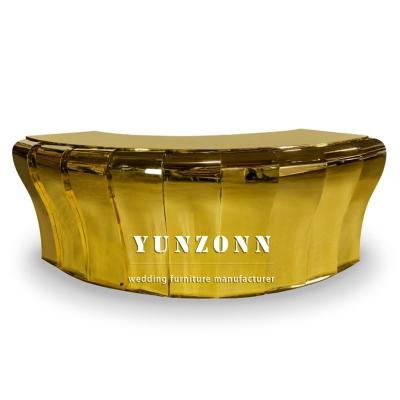 China Modern Design Latest Model Round Shaped Golden Mirror Stainless Steel Reception Bar Counter for Hotel Tables for sale