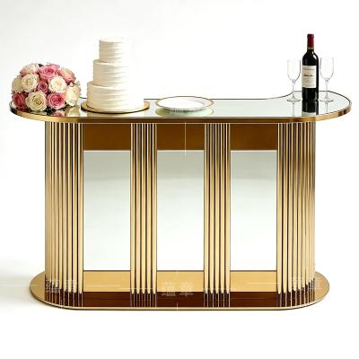 China Modern Round Wedding Counter Bar Table with Mirror Glass Top and Golden Stainless Steel Base for Party or Hotel Use for sale