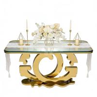 China Luxury Wedding Banquet Table with Gold Stainless Steel Base and Tempered Glass Top for Restaurants & Hotels for sale